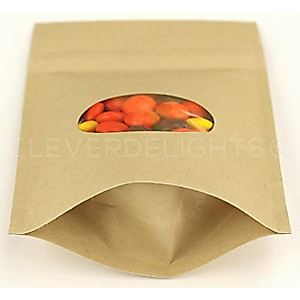 CleverDelights Kraft Window Stand Up Pouches - 2oz - 100 Pack - 4" x 6" x 2" - Resealable Bag