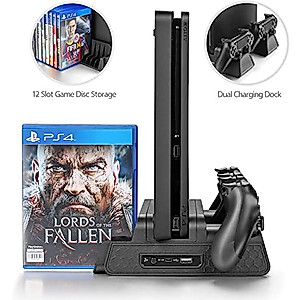 URWOOW Vertical Stand for PS4/PS4 Slim/PS4 Pro - Cooling Fan with PS4 Charger Controller Charging Station with Game Storage (Black)