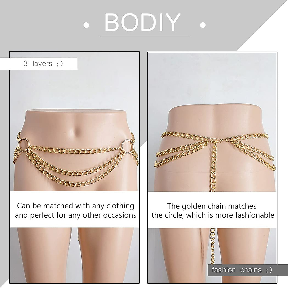 Bodiy Layered Belly Waist Chain Belt Gold Cuban Body Chains Bikini Rave Party Body Jewelry for Women and Girls