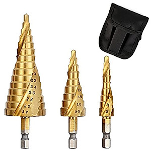 3Pcs HSS Step Drill Bit Set, 1/4" Hex Shank Spiral Groove High Speed Steel Titanium Coated Cone Hole Cutter Bit for Drilling Plate Aluminum Metal Wood Hole (4-12mm/4-20mm/4-32mm)
