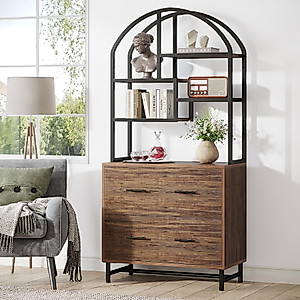 Tribesigns 4-Tier Bookshelf with 2 Drawers, Industrial Open Book Shelf Arched Bookcase, 70.8" Tall Storage Shelves Display Rack with LED Light and Metal Frame for Living Room (1, Grey)