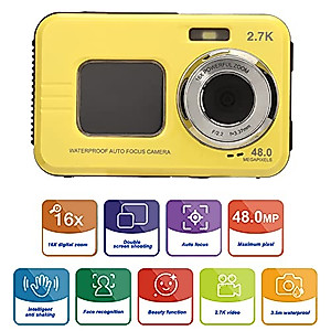 Digital Camera,2.7K HD Digital Camera 16X Zoom Smart 48MP Underwater Camera (Yellow)