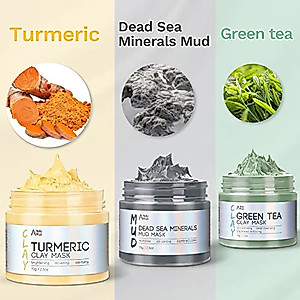 ANAI RUI Turmeric Clay Mask - Green Tea and Dead Sea Minerals, Spa Facial Mask Set for Pore Treatment/Smooth/Clarify, Indoor Use, 2.5 oz each