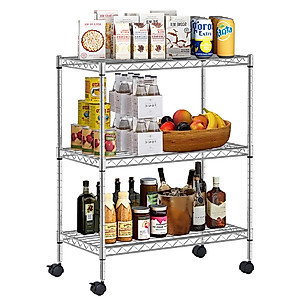 WYGMAV 3 Tier Shelf Metal Wire Shelving Unit Adjustable Storage Shelves Small Storage Rack Heavy Duty Steel Standing Shelf Units for Restaurant, Garage, Kitchen Metal Shelf with Wheels, Chrome