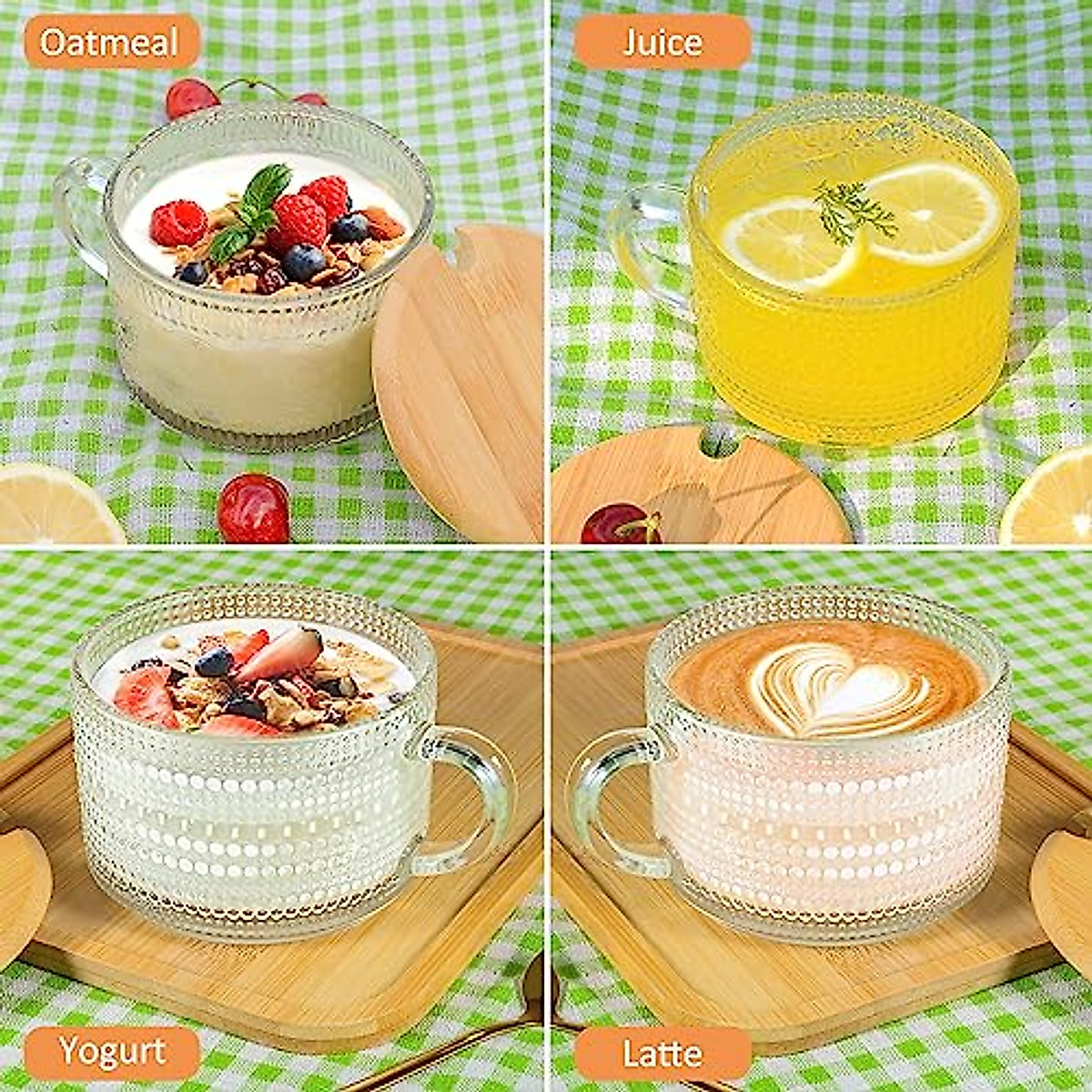 Qmioti Vintage Glass Coffee Mugs 4 Pack, 14 oz Glass Coffee Tea Cups with Lid and Golden Spoons, Clear Embossed Glass Cup Sets for Latte, Cereal, Cappuccino, Yogurt, Milk, Beverages and Cute Gifts