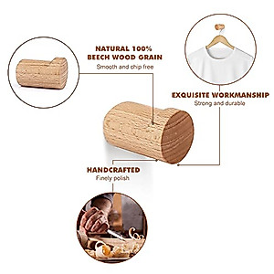 DIGHEIGG Wood Coat Rack Wall Mount, Wall Hooks Boho Wall Decor Aesthetic, Heavy Duty Coat Hooks Wall Mounted for Hat Towel Purse Robes Mudroom Entryway (Beech Wood, 5 Pack)