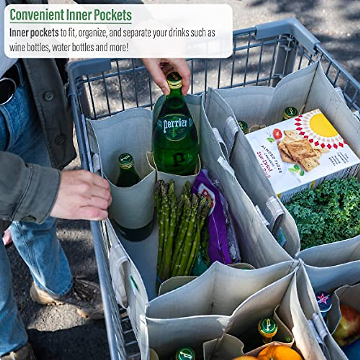 VENO 4 Pack Reusable Grocery Shopping Bag w/bottle holder, Hard bottom, Foldable, Multipurpose Heavy Duty Tote, Daily Utility bag, Stands Upright, Sustainable (Set of 4, Beige)