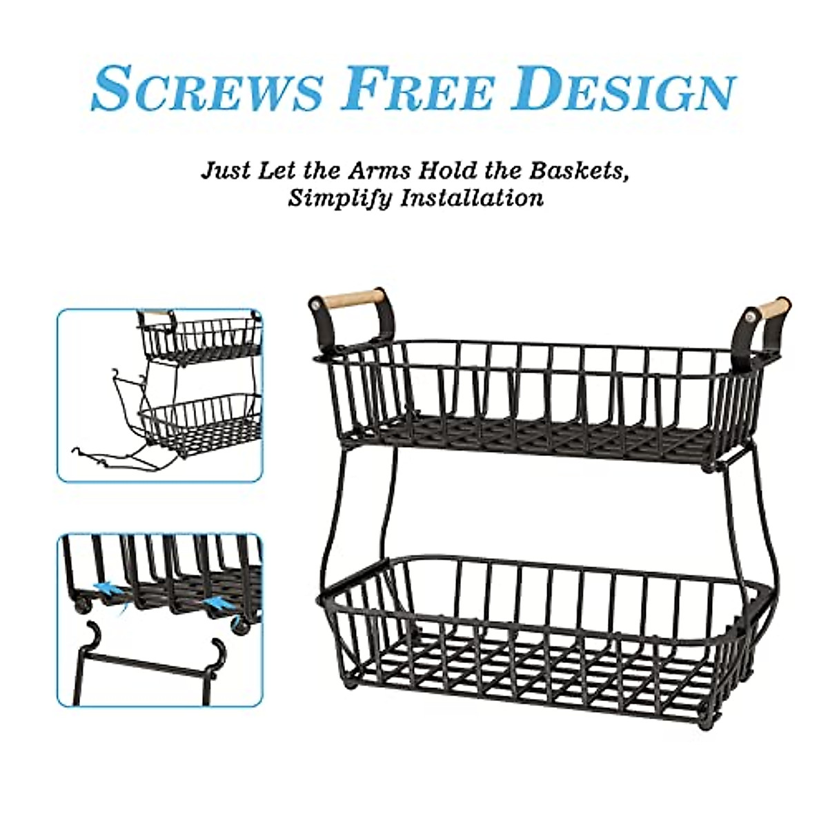 Wisdom Star 2 Tier Fruit Basket Bowl Farmhouse for Kitchen Countertop, Detachable Metal Bread Fruit Vegetable Storage Basket Stand Holder with Wooden Handle, Black