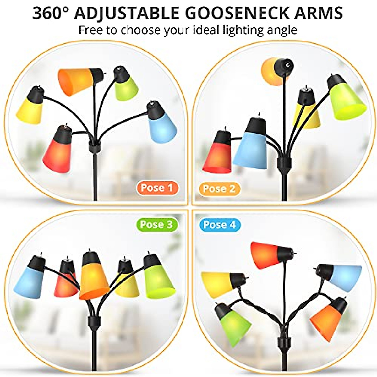 FOLKSMATE LED Floor Lamp, Medusa Multi Head Modern Tall Standing Lamps, Rustic Adjustable Gooseneck Reading Floor Light for Living Room, Bedroom, Kids Room, 5 White & 5 Colored Lamp Shades, Black