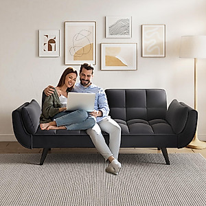 KINFFICT 57 inch Black Futon Sofa Couch Bed, Comfy Velvet Upholstered Loveseat, Convertible Sleeper Sofa cama with Adjustable Backrest, Mid Century Modern Sofas for Living Room, Bedroom, Small Space