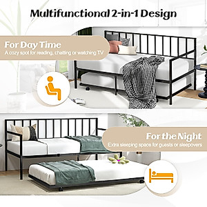 KOMFOTT Twin Metal Daybed with Trundle, Metal Sofa Bed & Pull-Out Trundle Set with Lockable Casters, Daybed for Living Room, No Box Spring Needed