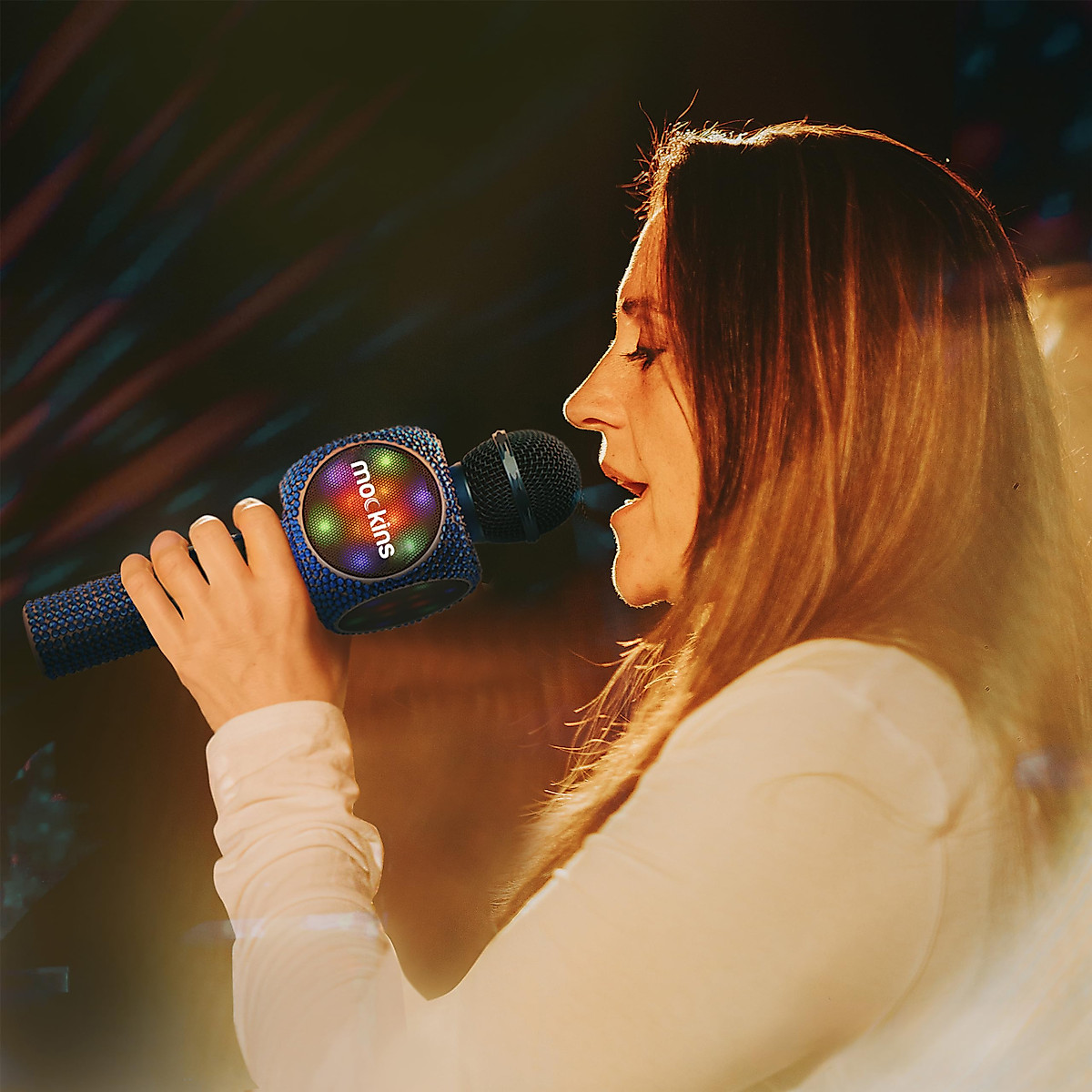 Mockins Blue Bling Karaoke Microphone for Kids | Wireless Mic with Voice Changer & LED Lights | Portable Microphone for Singing w/ Cable & Carry Case