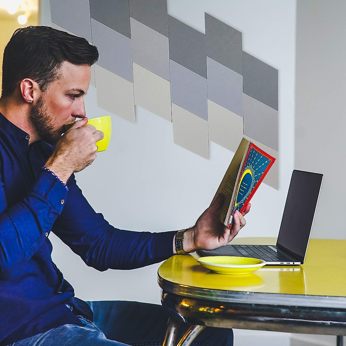 EZLALA 18 Pack Acoustic Panels High Density Diamond 3 colored White, Grey, & Dark Grey Sound Proof PET Noise Absorbing Sound Proof Wall Panels 6"x6"x0.5" Inch Thickness