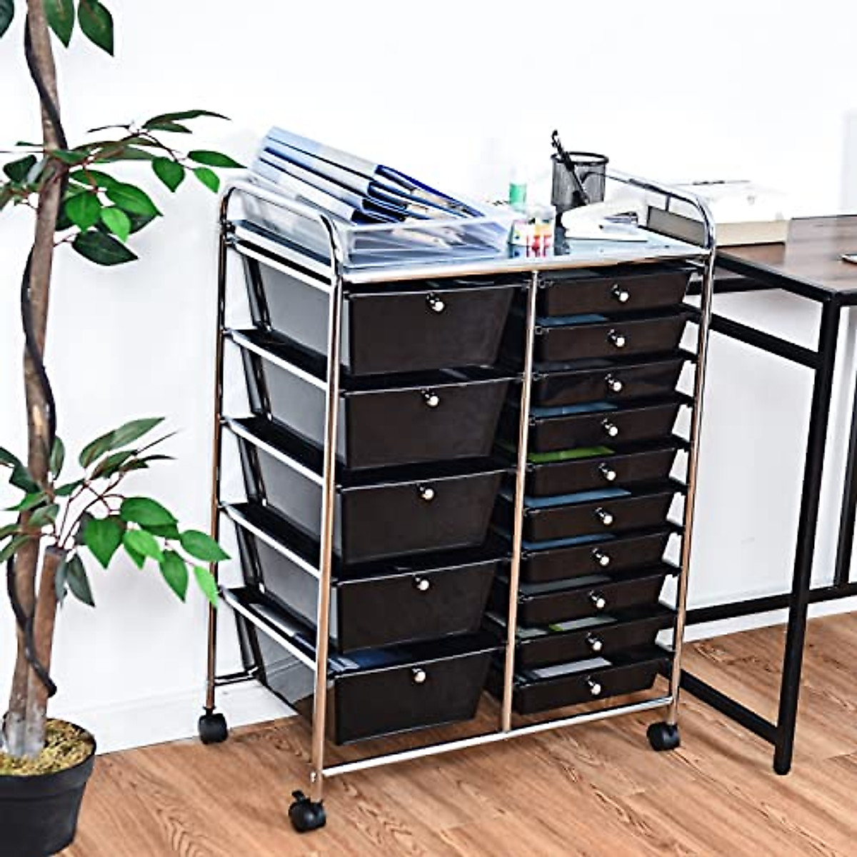 Recollections 15 Drawer Rolling Organizer Cart - Universal Rolling Cart and Organizer with Drawers for Office Multi-Use Storage (Black)