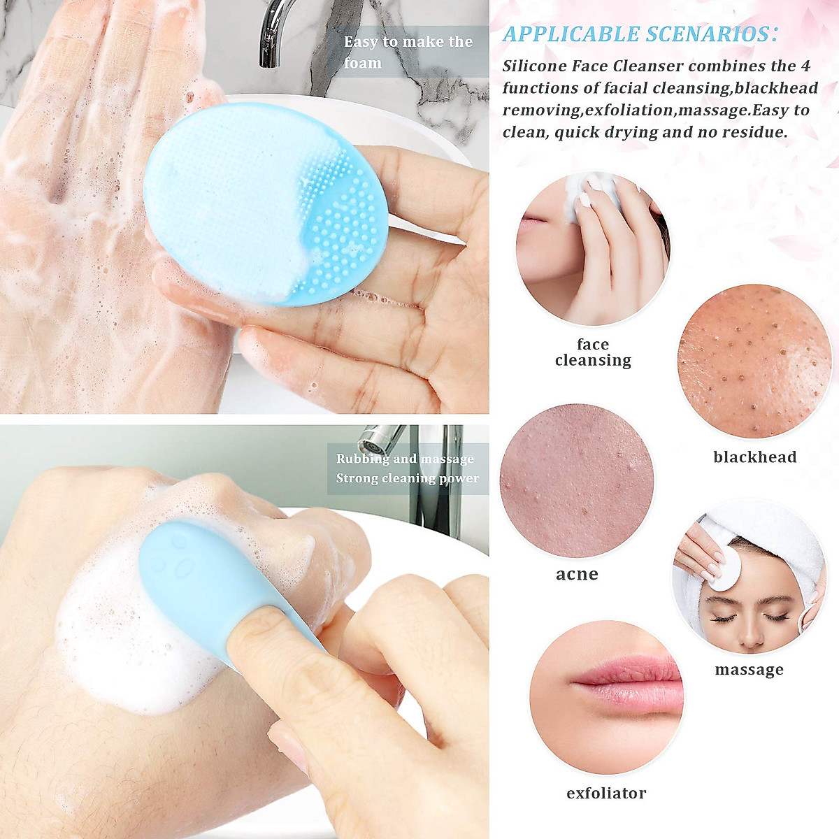 Yebeauty Silicone Facial Cleansing Brush Set of 15, 5pcs Face Scrubber, 5pcs Nose Blackhead Remover and 5pcs Double-Sided Exfoliating Lip Brush Lip Exfoliator Tool for Skincare