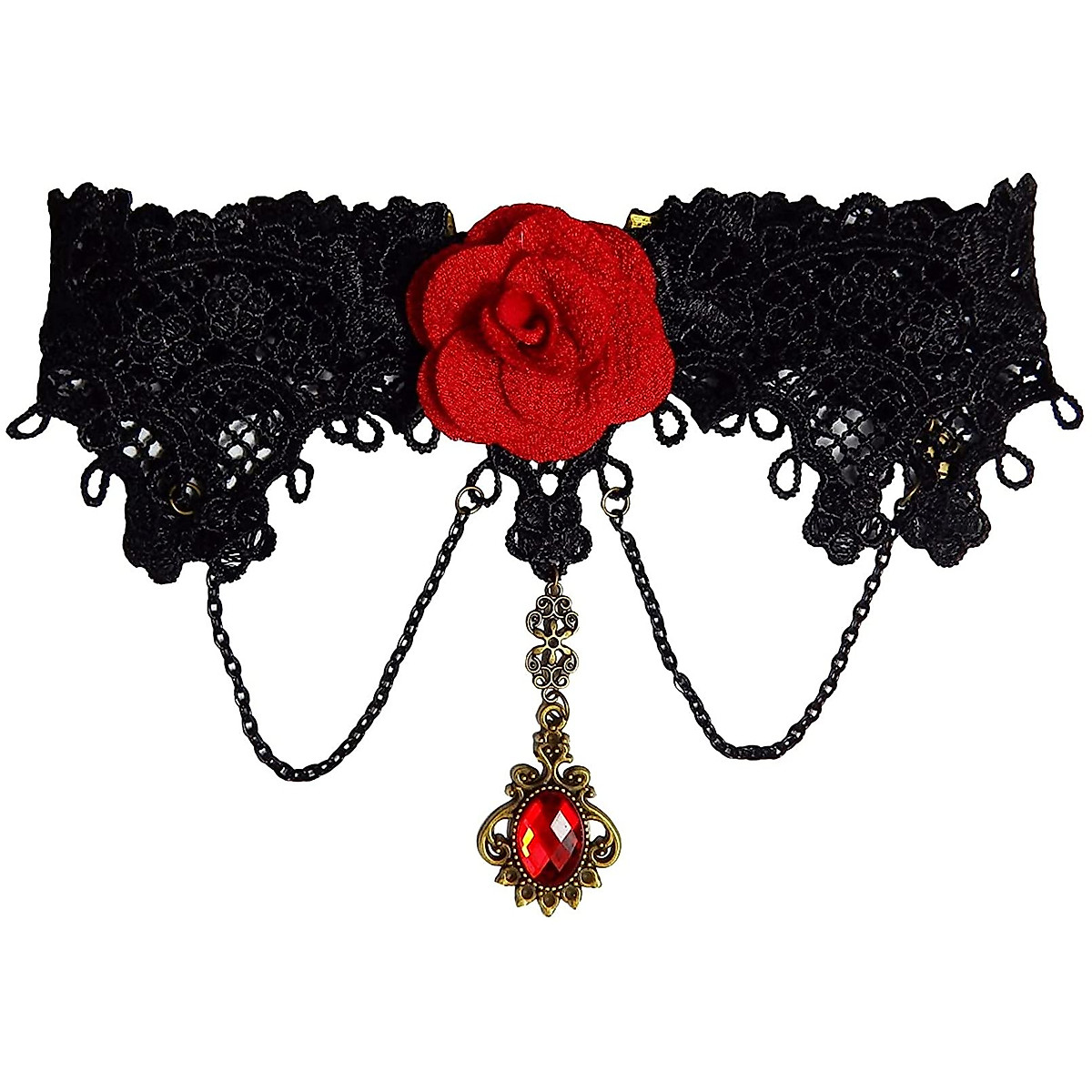 maikun Black Lace Choker Necklace Halloween Costume Jewelry Set with Bracelet Earrings, Punk Party Gothic Lolita Red Flower Rose Beads Vintage Retro choker Wristband for Women