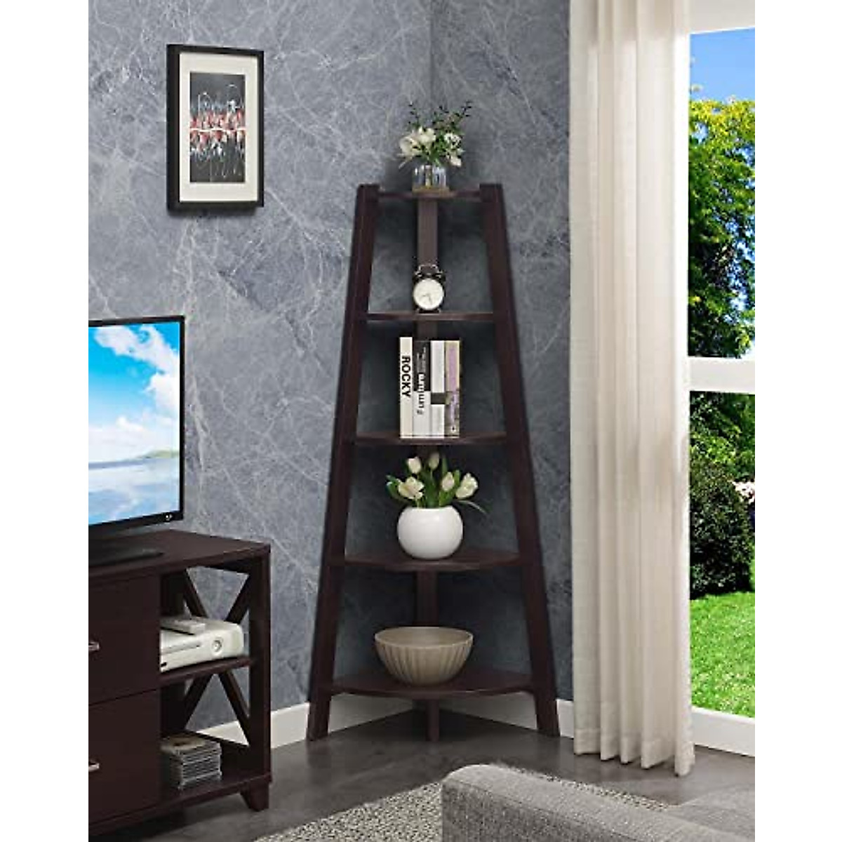 Convenience Concepts Newport 5 Tier Wide Corner Bookcase, Espresso