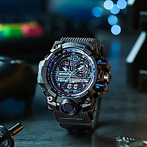 KXAITO Men's Watches Sports Outdoor Waterproof Military Watch Date Multi Function Tactics LED Face Alarm Stopwatch for Men (3133_Blue)