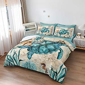 Merryword 8 Pieces Blue Green Comforter Set Queen Size Ocean Life Bed in a Bag Turtle Beach Bedding Set Hawaii Style Summer Lightweight Bedding Comforter Set