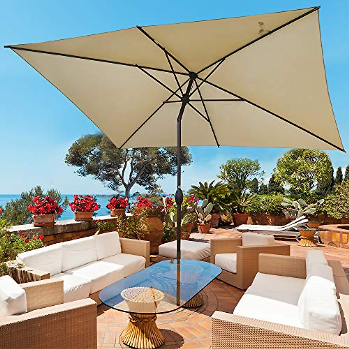 Abba Patio 6.5 x 10ft Rectangular Patio Umbrella Outdoor Market Table Umbrella with Push Button Tilt and Crank for Garden, Lawn, Deck, Backyard & Pool, Beige