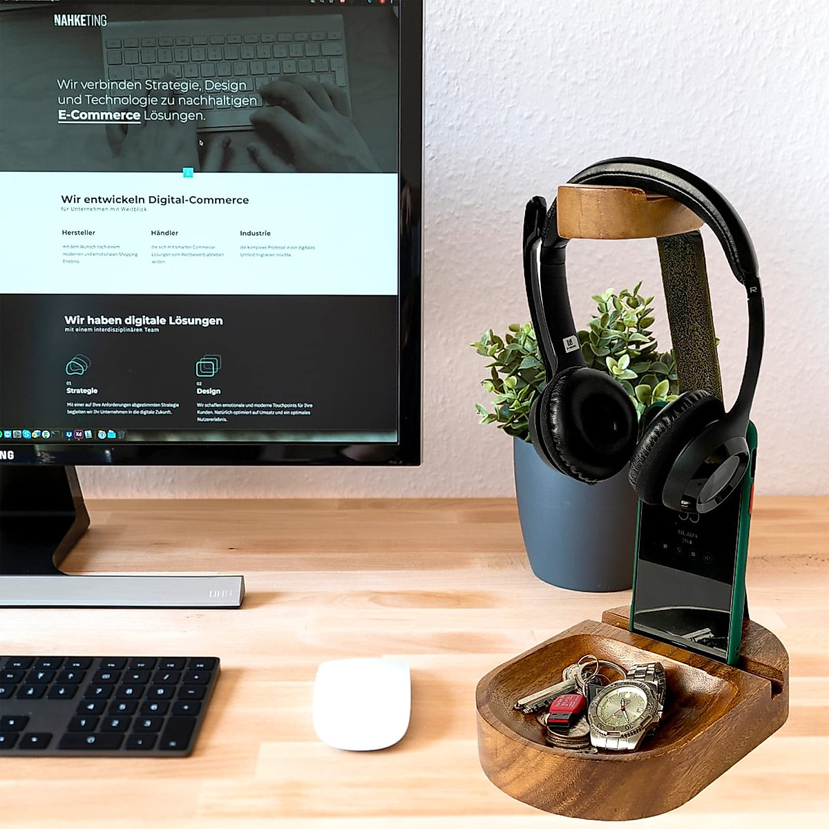 WRIGHTMART Acacia Wood Headphone Stand, Headset Stand with Storage Tray, Heavy Duty Holder for Over-Ear Headphones, Cell Phone, iPhone, Compatible with Bose, Beats, Sony, Sennheiser