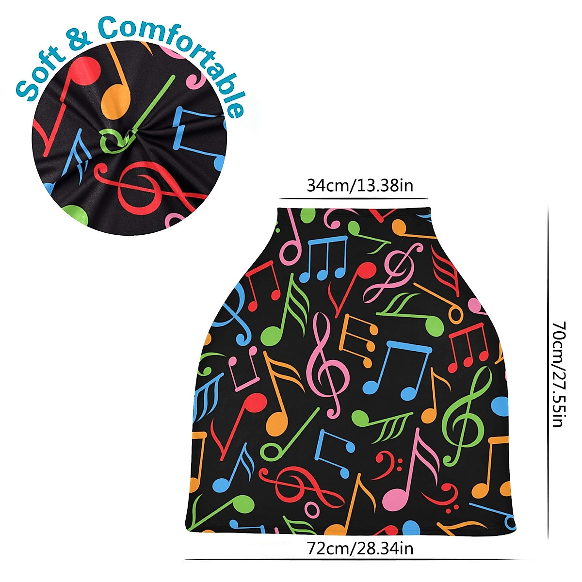 YYZZH Colorful Music Note Pattern On Black Stretchy Baby Car Seat Cover Infant Canopy Nursing Covers Breastfeeding Cover Breathable Windproof Winter Scarf for Boys Girls