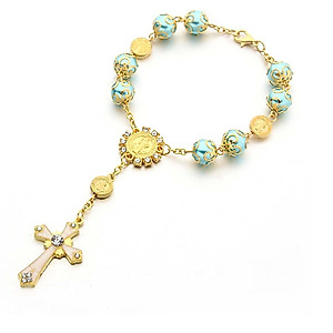 Faith & Gospel Blue Gold Rosary Beads Bracelet Medal Catholic Cross Religious Prayer Chaplet Handmade Communion Confirmation Car Pocket