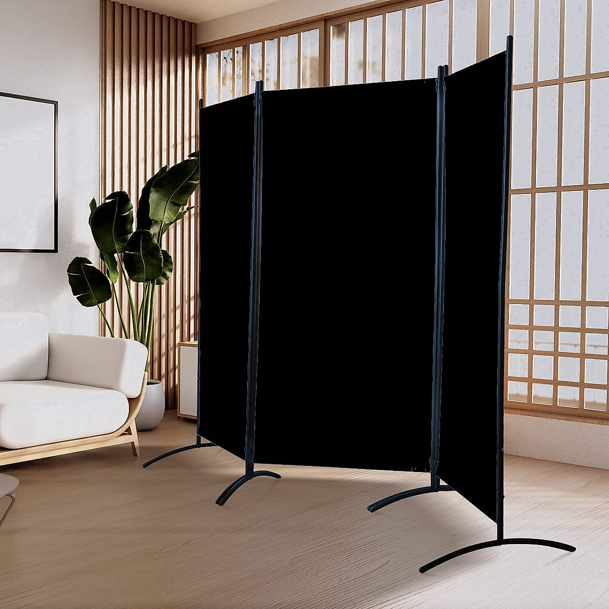 Room Divider 3-Panel Privacy Screen, Portable Screen Steel Frame with Hook&Loop for Home, Office, Classroom, Studio, Meeting Black