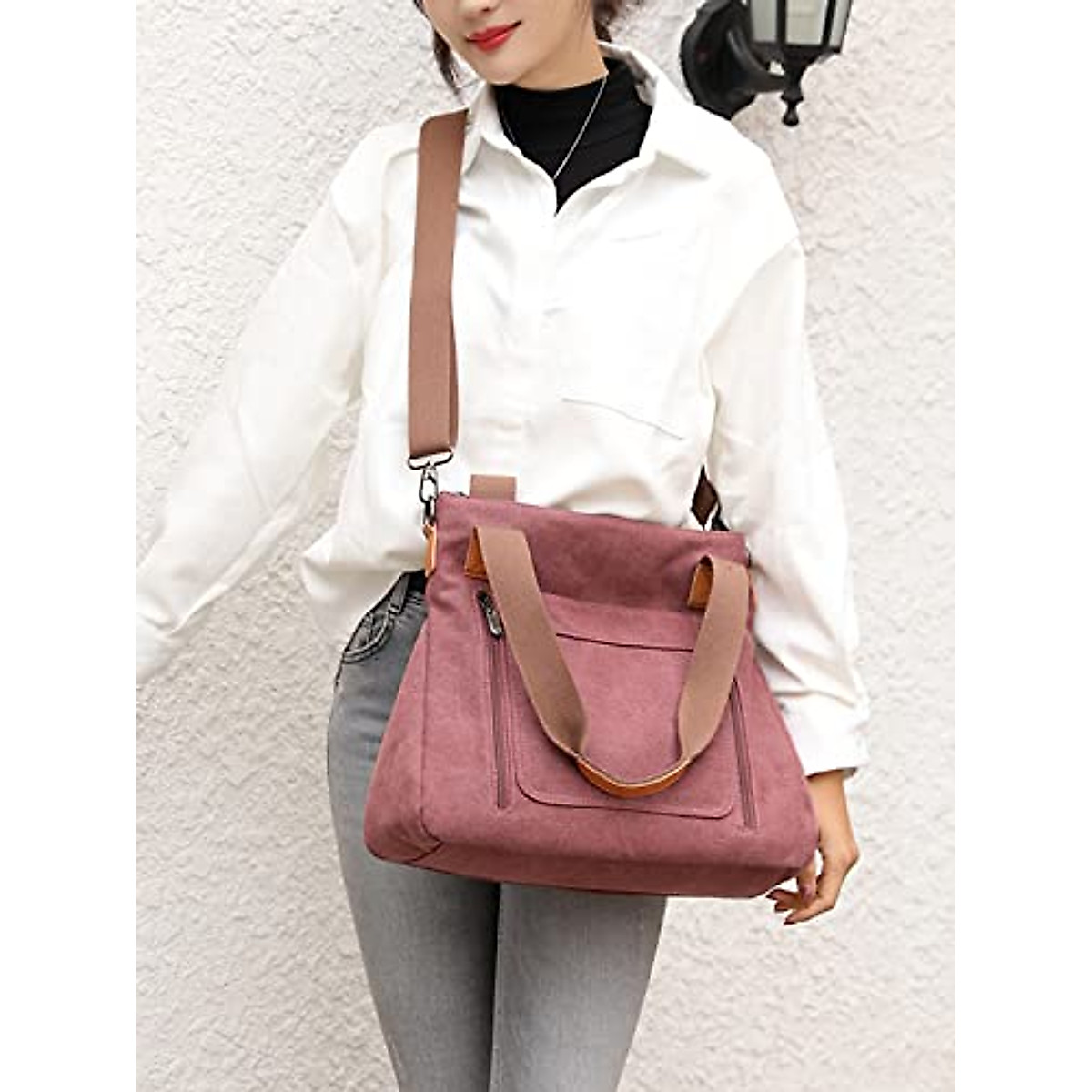 Nanwansu Women's Vintage Canvas Handbag Shoulder bags Multi-Pocket Tote Crossbody Satchel Bags Burgundy