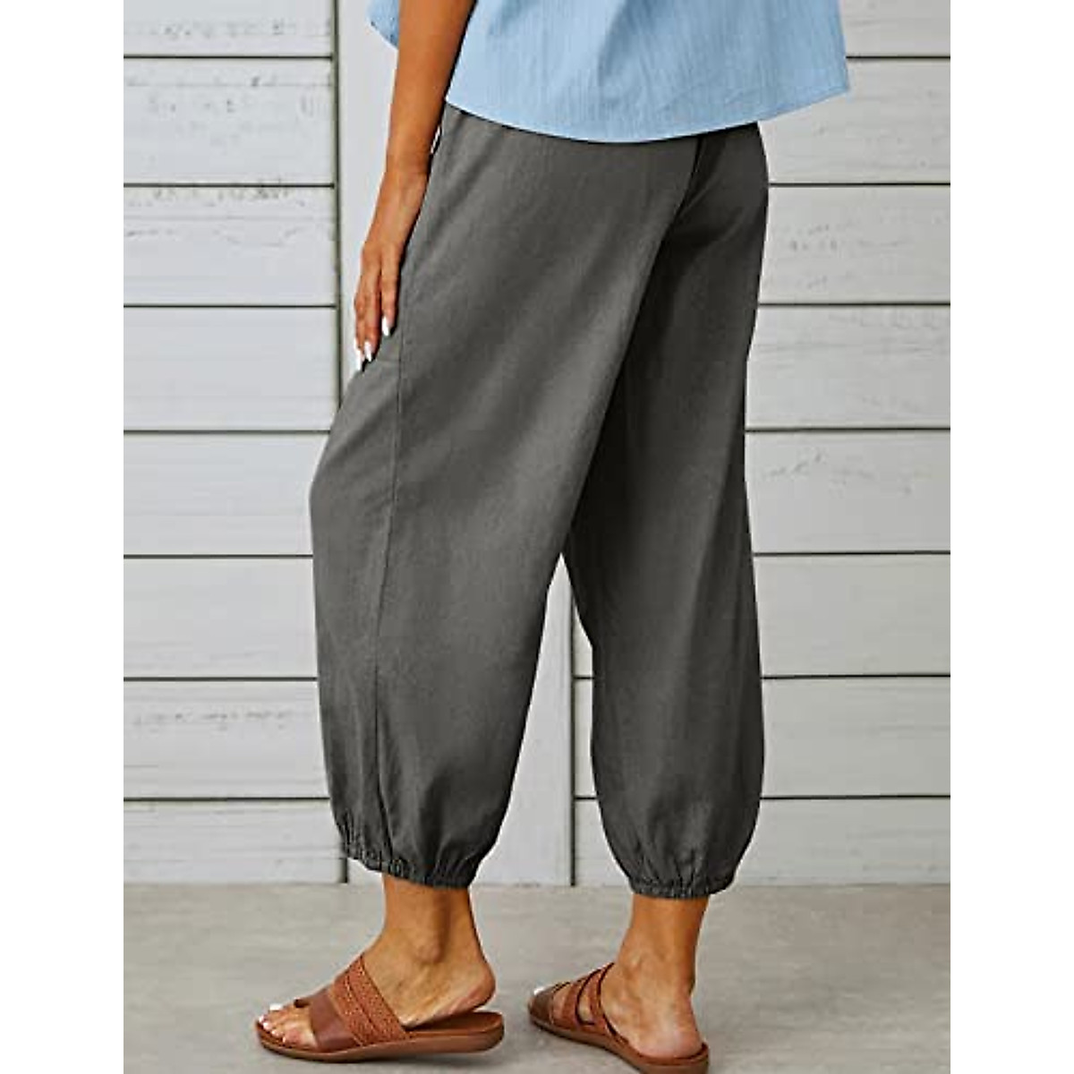 Acesulu Summer Linen High Waist Yoga Pants Drawstring Wide Leg Cropped Pants Trousers with Pockets for Women (0099-DarkGray-XL)
