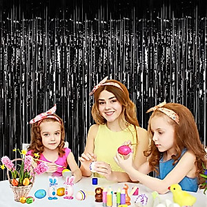 Muhome Black Foil Fringe Curtain, 2PCS 3.28FT x 8.2FT Tinsel Door Curtains & 1 Masking Tape Black Fringe Backdrop for Wedding Birthday Baby Shower Bachelorette Party Decorations