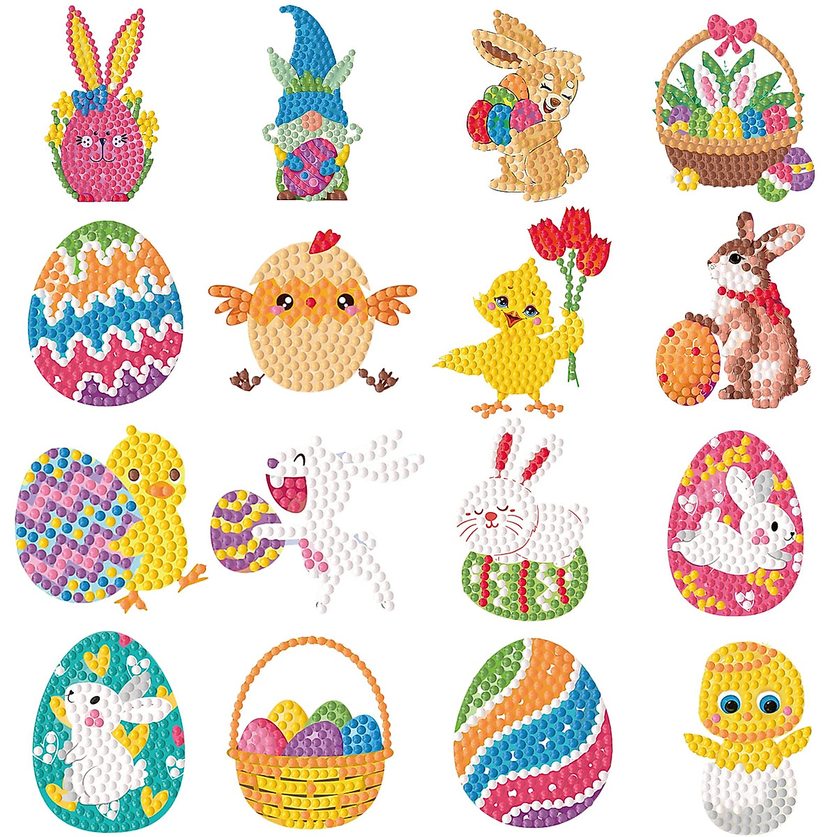 DERFILIN 16PCS Diamond Painting Stickers Set for Kids, 5D Easter Eggs Bunny Mosaic Stickers, DIY Creative Crafts for Boys and Girls Gem Art Set