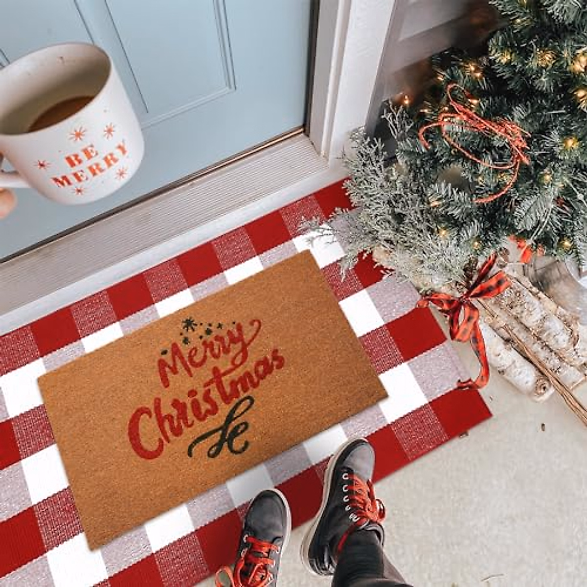 Christmas Door Mat Combo Set - 100% Coco Coir Welcome Mat + 28 x 43 Inch Red and White Plaid Rug, New Year Holiday Christmas Collection Doormat for Front Porch Entryway Decorative