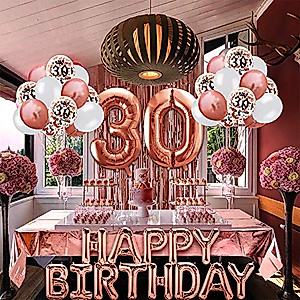 MOVINPE 30th Rose Gold Birthday Party Decoration, Happy Birthday Banner, Jumbo Number 30 Foil Balloon, 2 Rose Gold Fringe Curtain, Latex Confetti Balloon, Table Confetti for Girl Women Anniversary
