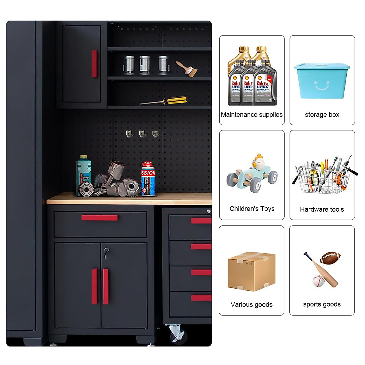4utoHydra 9-Pcs Workshop Cabinet Set in Black with Workbench - Perfect for Organizing Garage and Tools - Included Steel Cabinets Drawers Shelving Rolling Chest, RD-QGPGC103000