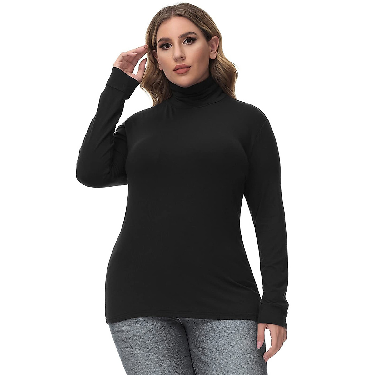 Hanna Nikole Plus Size Black Turtleneck for Women Fitted Ultra-Soft Pullover Slim Stretchy Mock Neck Shirt Tops 22W