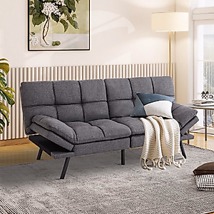 MUUEGM Modern lounge Sofa Bed, Dark Gray Linen Fabric Futon Couch, Convertible Foldable Memory Foam Sofa Bed, Small Sofa Bed with Loveseats for Living Room.(Dark Gray,Fabric)