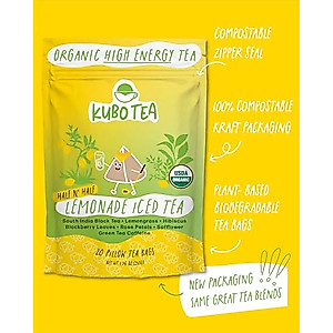 Kubo Tea, Organic High Energy Ice Tea, High Caffeine Blend, 20 Servings (155mg Caffeine each), Pillow Tea Bags, Kraft Packaging, Healthy Coffee Substitute (Half & Half Lemonade)