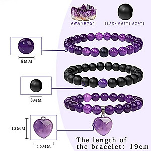 Vinswet Healing Crystal Beaded Bracelets for Women,Natural Amethyst Black Agate Gemstones Bracelet,Anxiety Stress Relief Heart Charm Bracelet Handmade purple Jewelry Gifts for Women (3pcs)