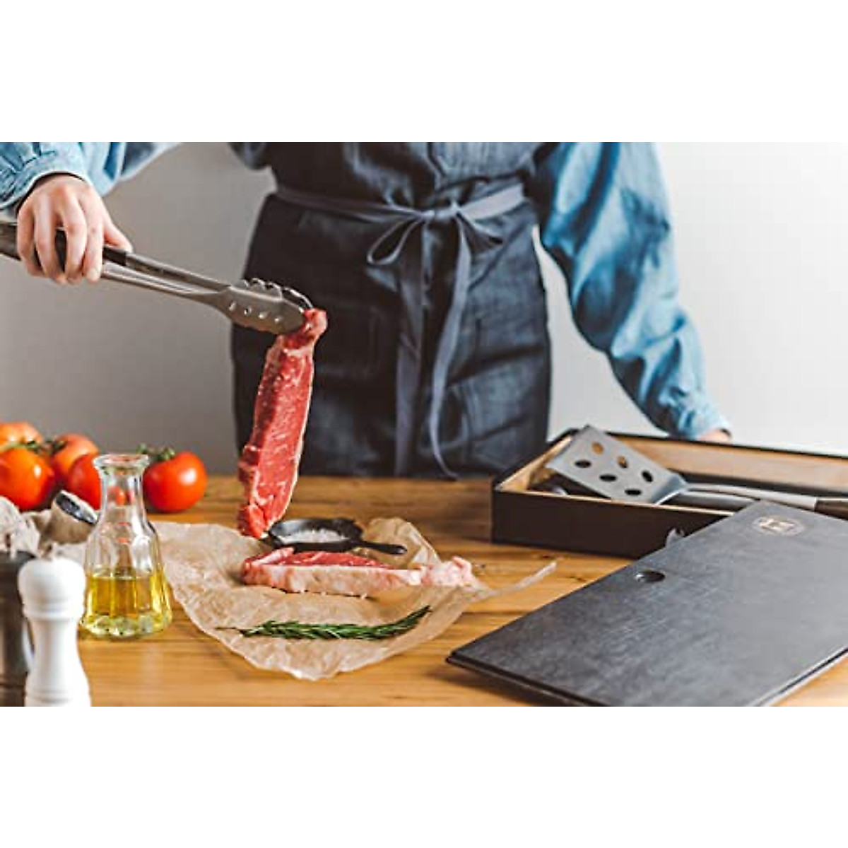 Schmidt Brothers - BBQ Carbon 6, 4-Piece Grilling Accessory Set, Full-Forged Stainless Steel Grilling Utensils Including Spatula, Fork, Basting Brush, and Tongs with All Wood Handles