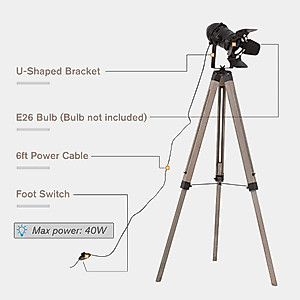 HOMCOM Industrial Style Tripod Floor Lamp, Vintage Spotlight Reading Lamp with Wooden Metal Legs, Wood and Black