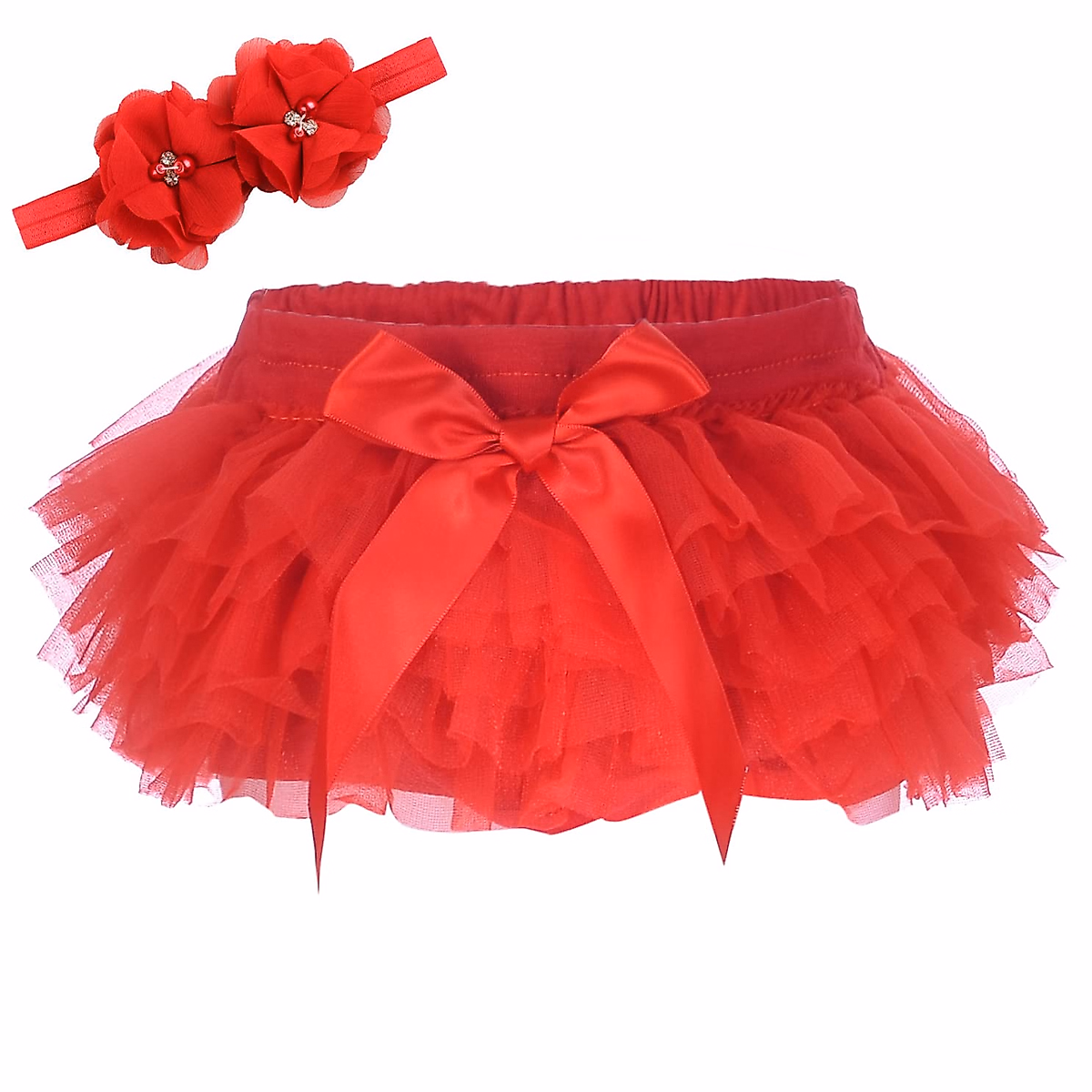 Lucky-BB Baby Girls'Tutu Bloomers Newborn Toddler Cotton Tulle Ruffle Diaper Covers with Bow Red, L-6-12 months