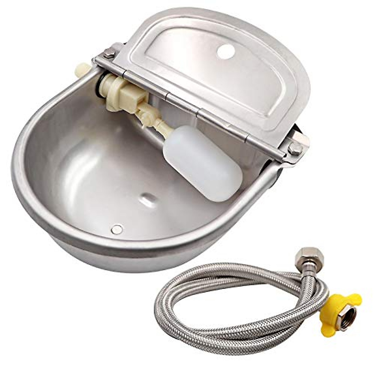 MACGOAL Stainless Steel Automatic Waterer Bowl with Float Valve, Drain Plug and Braided Hose, Water Trough for Livestock Dog Goat Pig Waterer