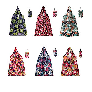 Elephant-package 6 Pcs Foldable Shopping Bags with Hook- Washable- Reusable Grocery Bags with Pouch Tote Bags (Cute Flower Design)
