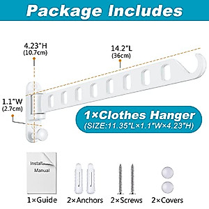SKIKEN White Closet Hanger with Swing Arm, 8-Hole Heavy Duty Coat Hanger, Space Saver for Closet, Small Drying Hanger Rack for Laundry Room, Bathroom, Sturdy, Aluminum (1Pack, White)