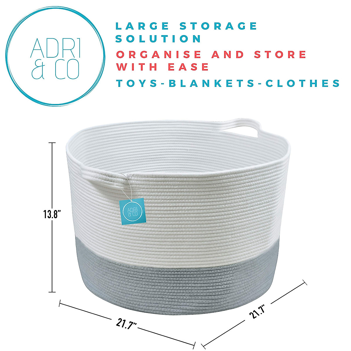 Large Blanket Basket | Cotton Rope Basket for Blankets Living Room | Size 21.7" x 21.7" x 13.8" | Large Basket for Blankets | Baby Laundry Basket |