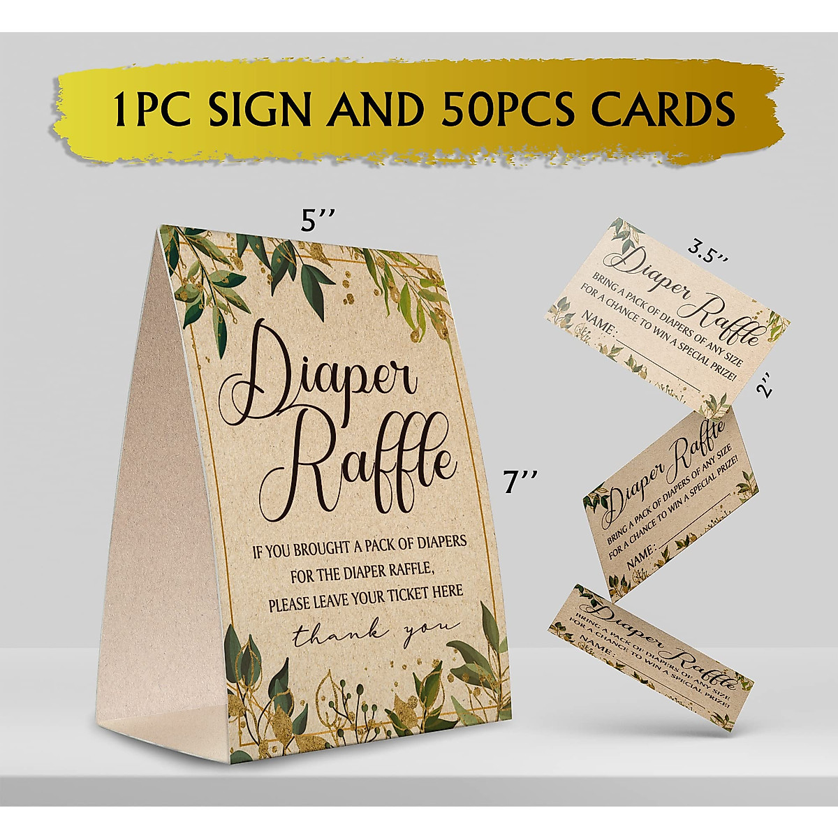 Kraft Paper Diaper Raffle Sign,Diaper Raffle Baby Shower Game Kit (1 Standing Sign + 50 Guessing Cards),Greenery Raffle Insert Ticket,Card for Baby Shower Game to Bring a Pack of Diapers-NPZ01