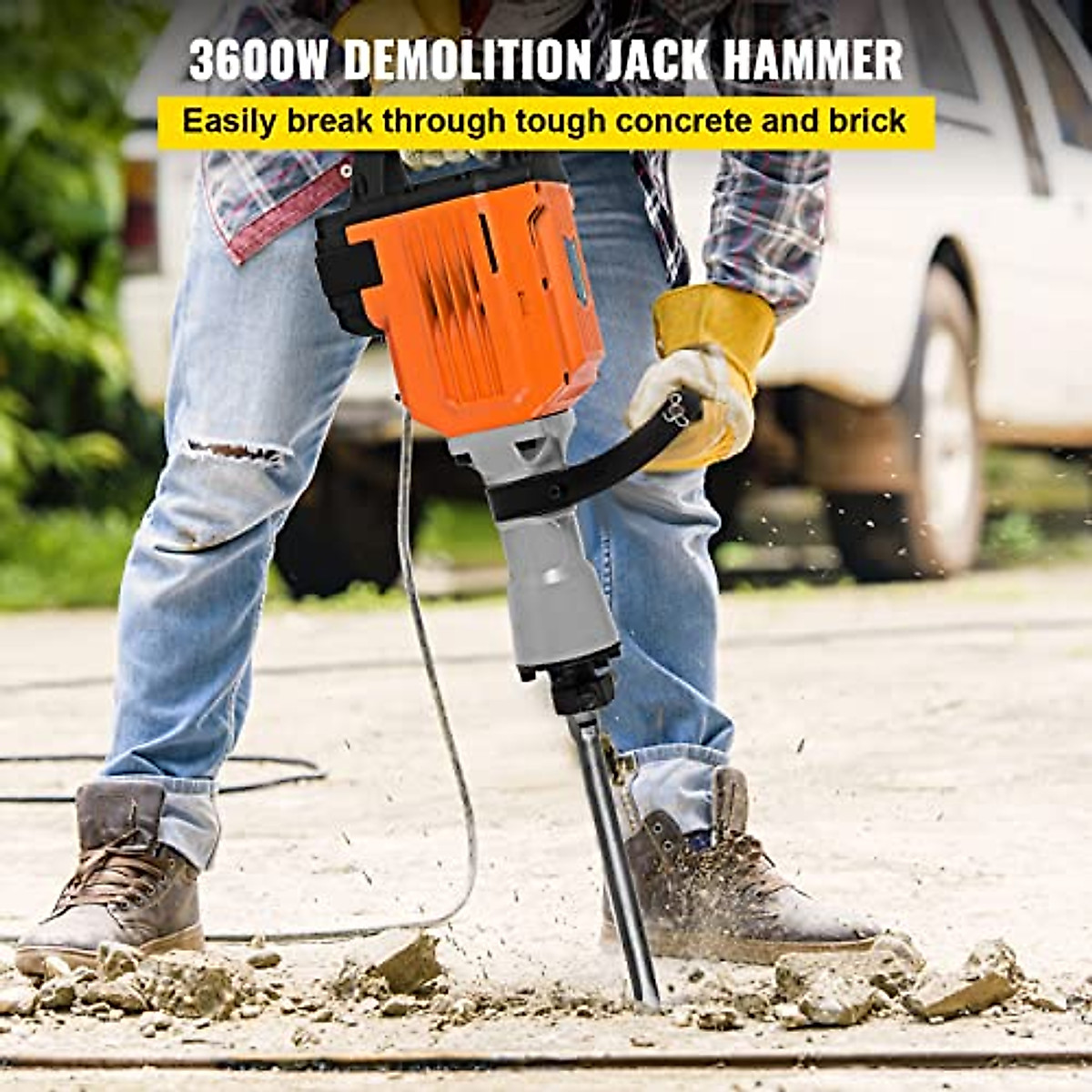 Mophorn 3500W Jack Hammer Demolition, Heavy Duty Electric Concrete Breaker Lock Speed Button 1400 BPM Chipping Hammer with Flat Chisel & Bull Point Chisel & Gloves