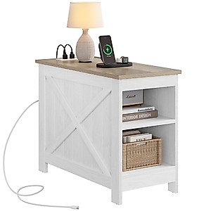 YITAHOME End Table with Charging Station, Narrow Side Table with Storage Shelf, Farmhouse Nightstand with Storage for Small Spaces, Living Room, Bedroom, Grey Wash