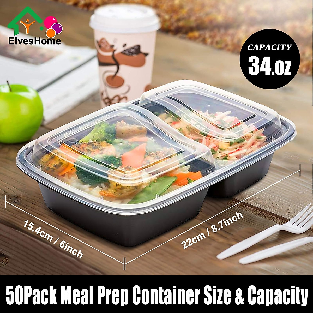 Meal Prep Container 2 Compartments, 50 Pack Meal Prep Container Microwave Safe, Food Storage Container with Lids, 34oz Disposable Bento Box To-Go Boxes Reusable Plastic Bento Lunch Box Dishwasher Safe